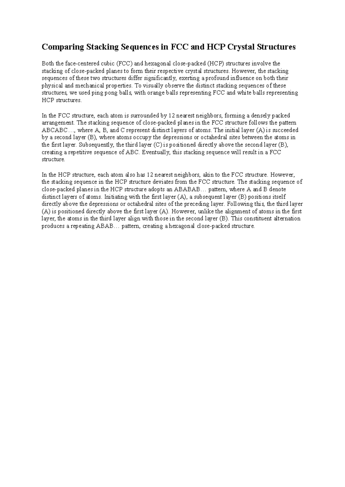 Comparative Analysis of Stacking Structures in FCC and HCP - Studocu