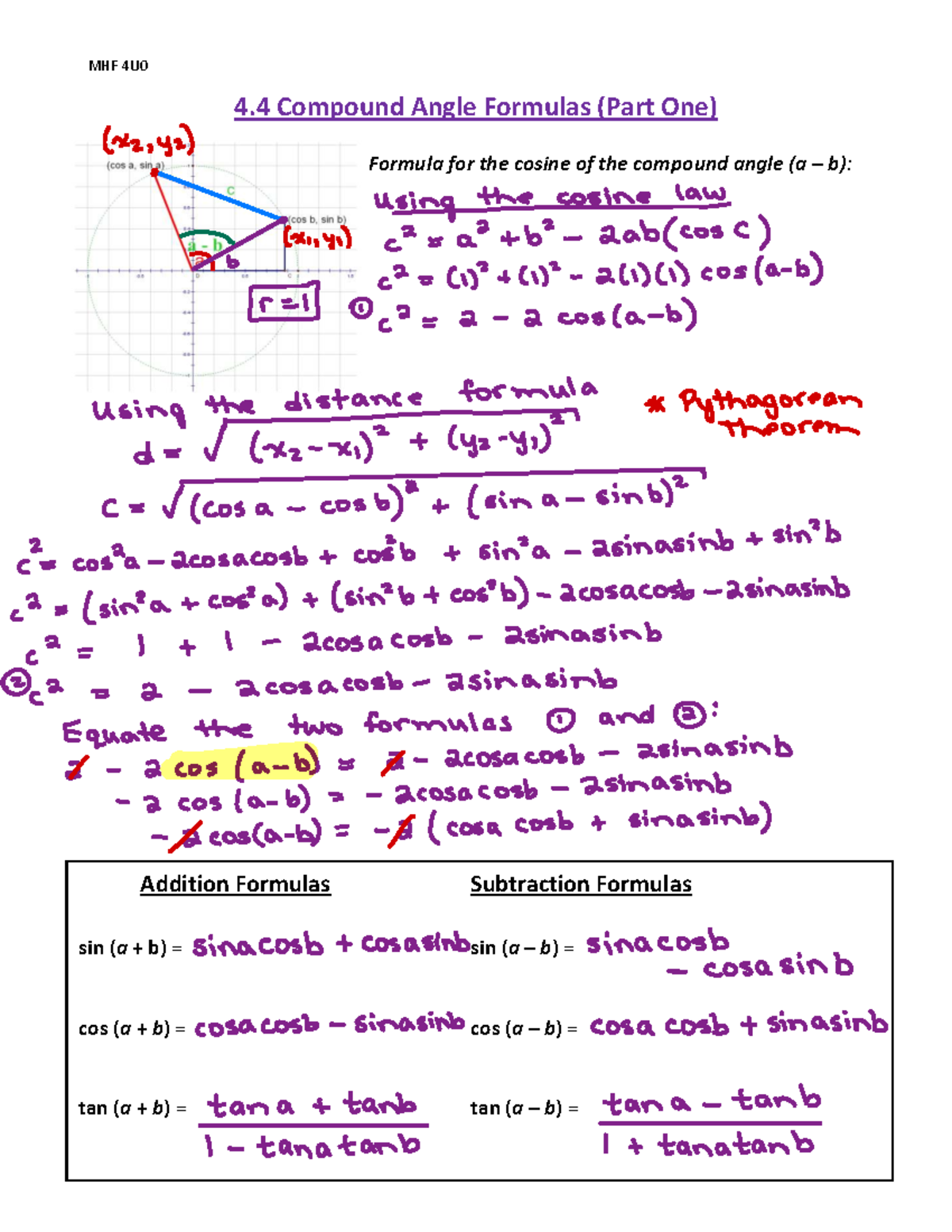 MHF 4U0 4.4 Compound Angle Formulas - Completed Notes Nov 2024 - Studocu
