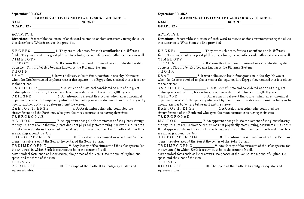 PHYSICAL SCIENCE 12: Activities on Ancient Astronomy Module 1 & 2 - Studocu