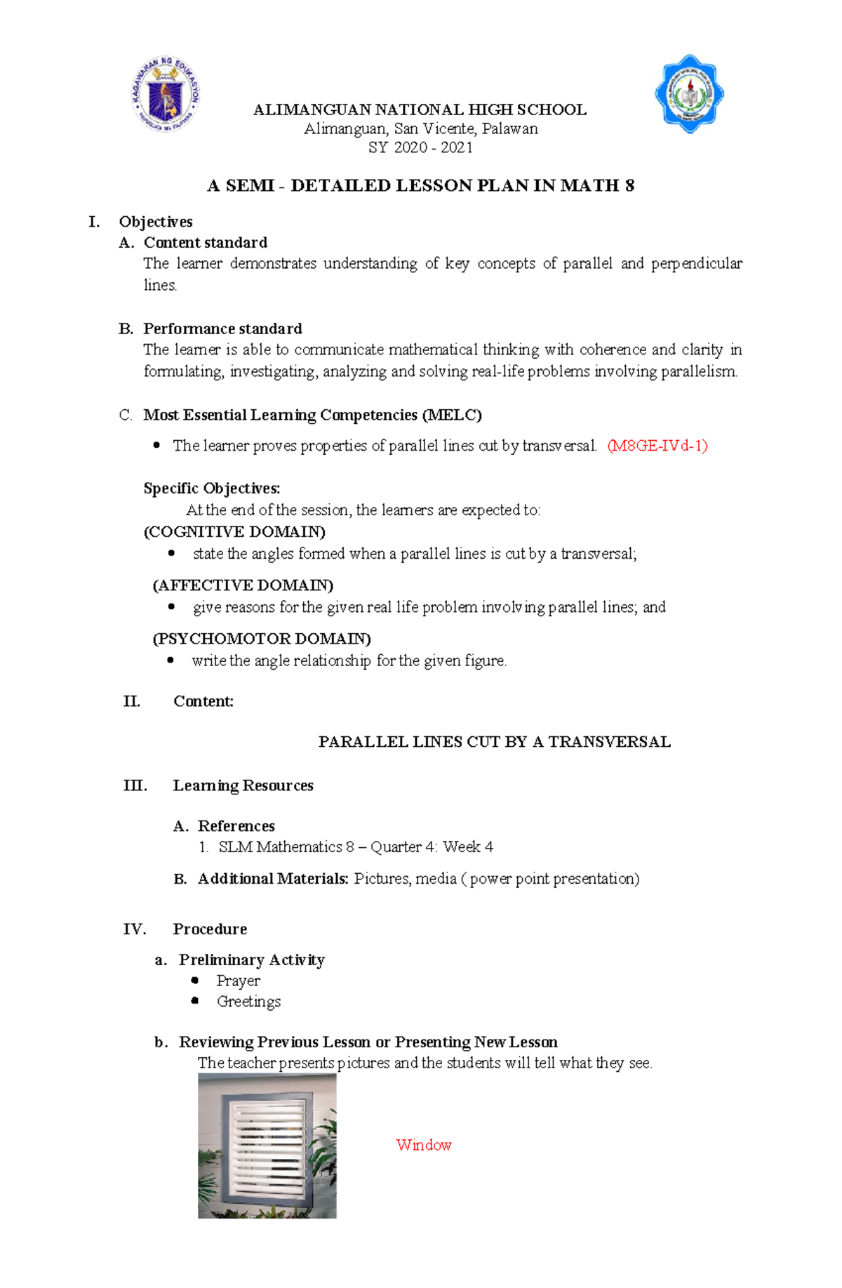 COT2 - Semi-Detailed Lesson Plan on Parallel Lines in Math 8 - Studocu
