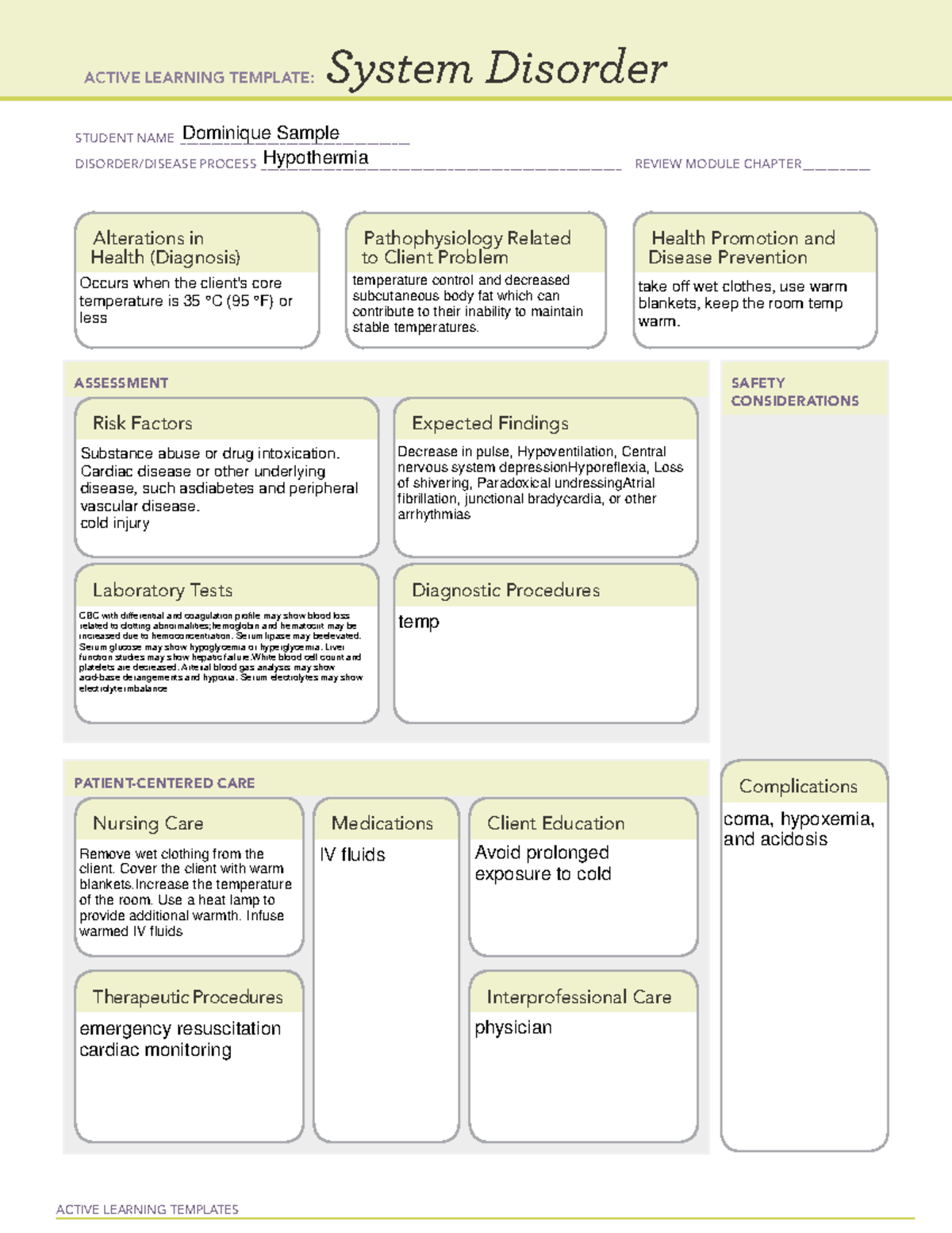 Hypothermia Disorder Overview: Assessment & Nursing Care Guide - Studocu