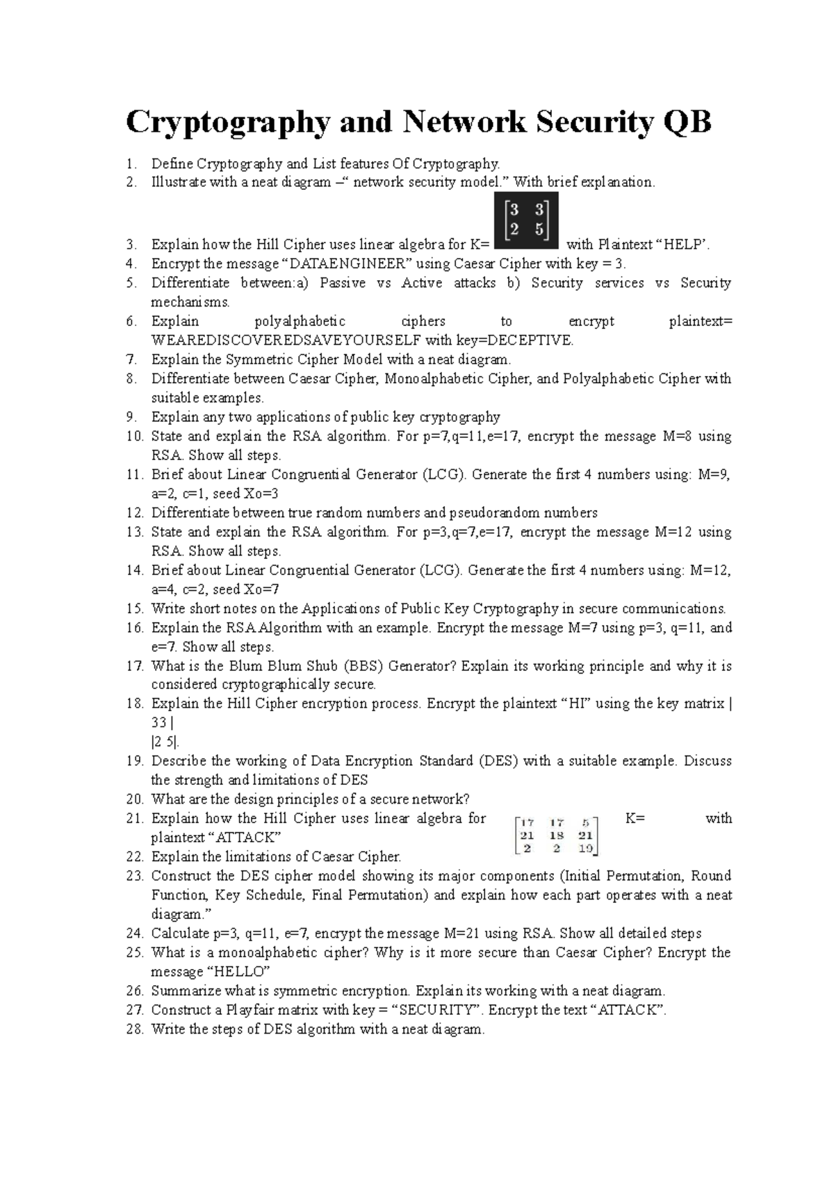 Cryptography and Network Security QB: Key Concepts and Techniques - Studocu