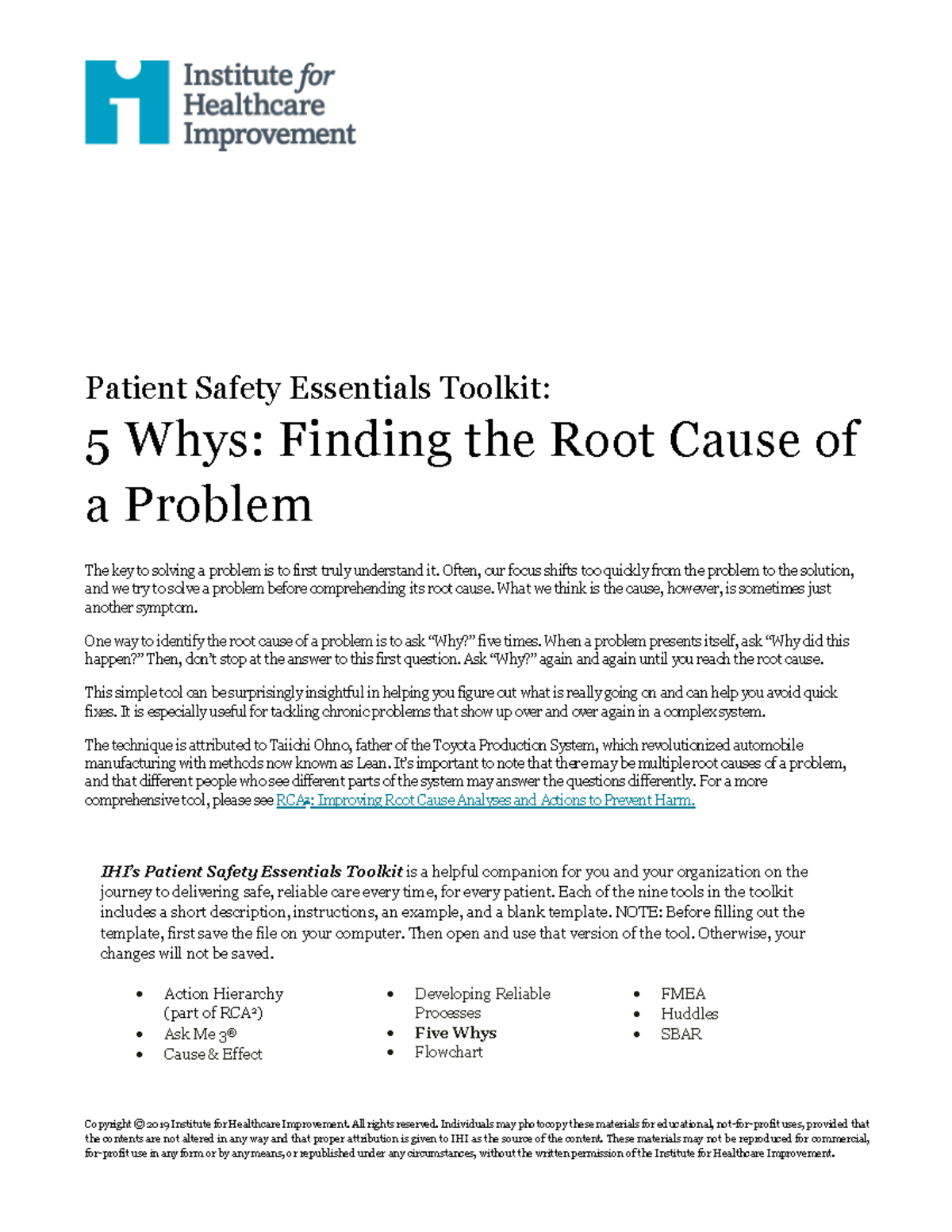 Patient Safety Essentials Toolkit: 5 Whys for Root Cause Analysis - Studocu