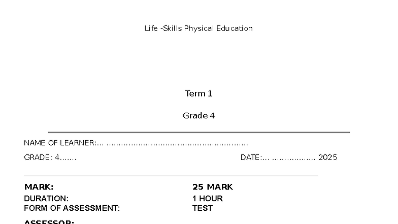 Grade 4 Physical Education Assessment Rubric: Term 1 Evaluation - Studocu