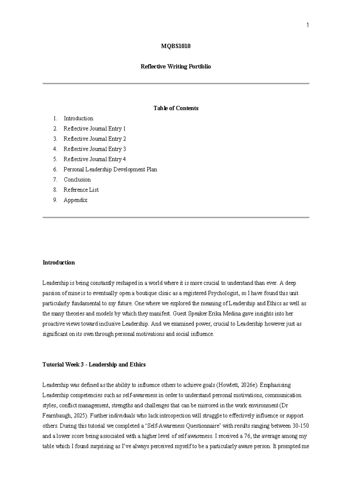 MQBS1010 Reflective Writing Portfolio: Leadership Insights and ...