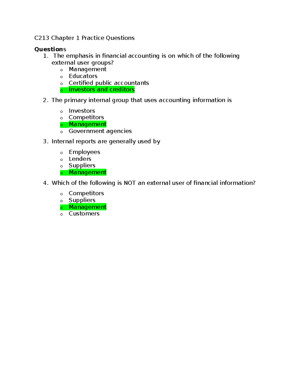 C213 Chapter 1 Financial Accounting Practice Questions - Studocu