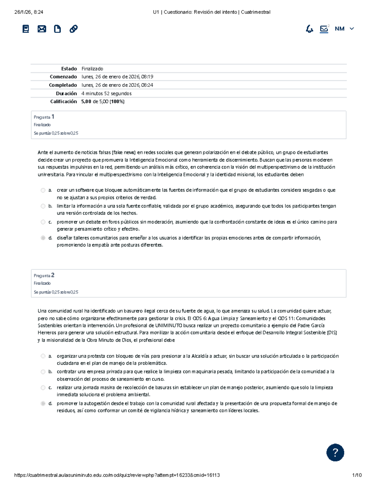 U1 Cuestionario: Revisión del Intento Cuatrimestral de UNIMINUTO - Studocu