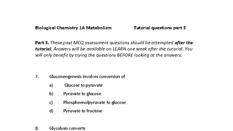 Biological Chemistry 1A Metabolism Tutorial Questions Part 3 - Studocu