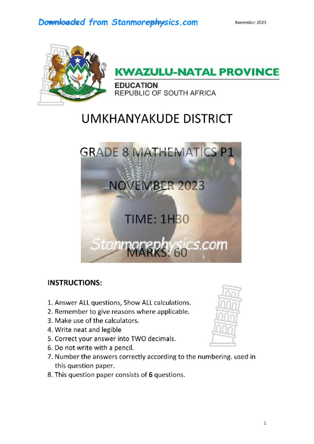 KZN Maths Grade 8 Nov 2023 Exam Paper & Memo - Studocu