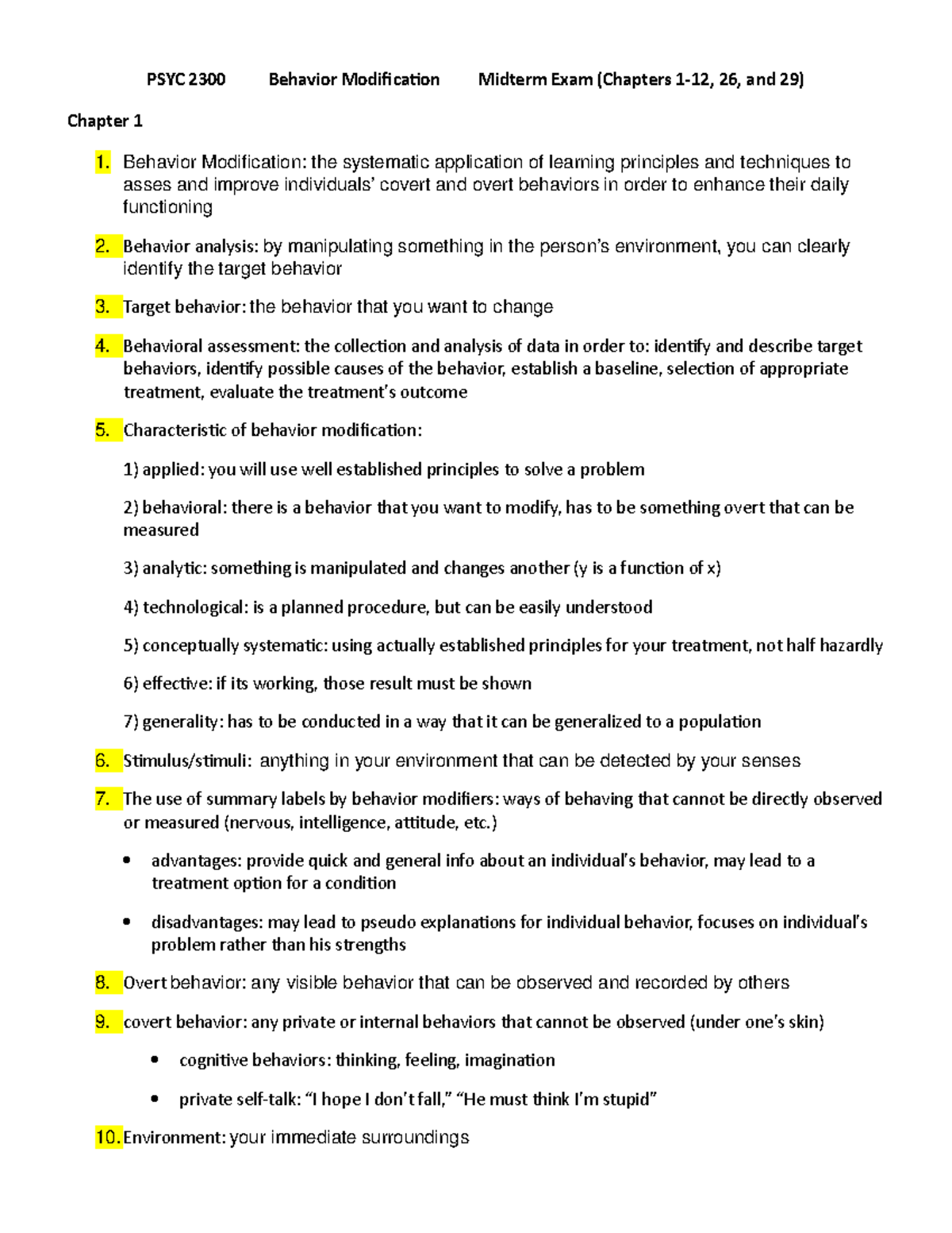 Midterm Exam Study Guide - PSYC 2300 Behavior Modification Midterm Exam (Chapters 1-12, 26, and ...