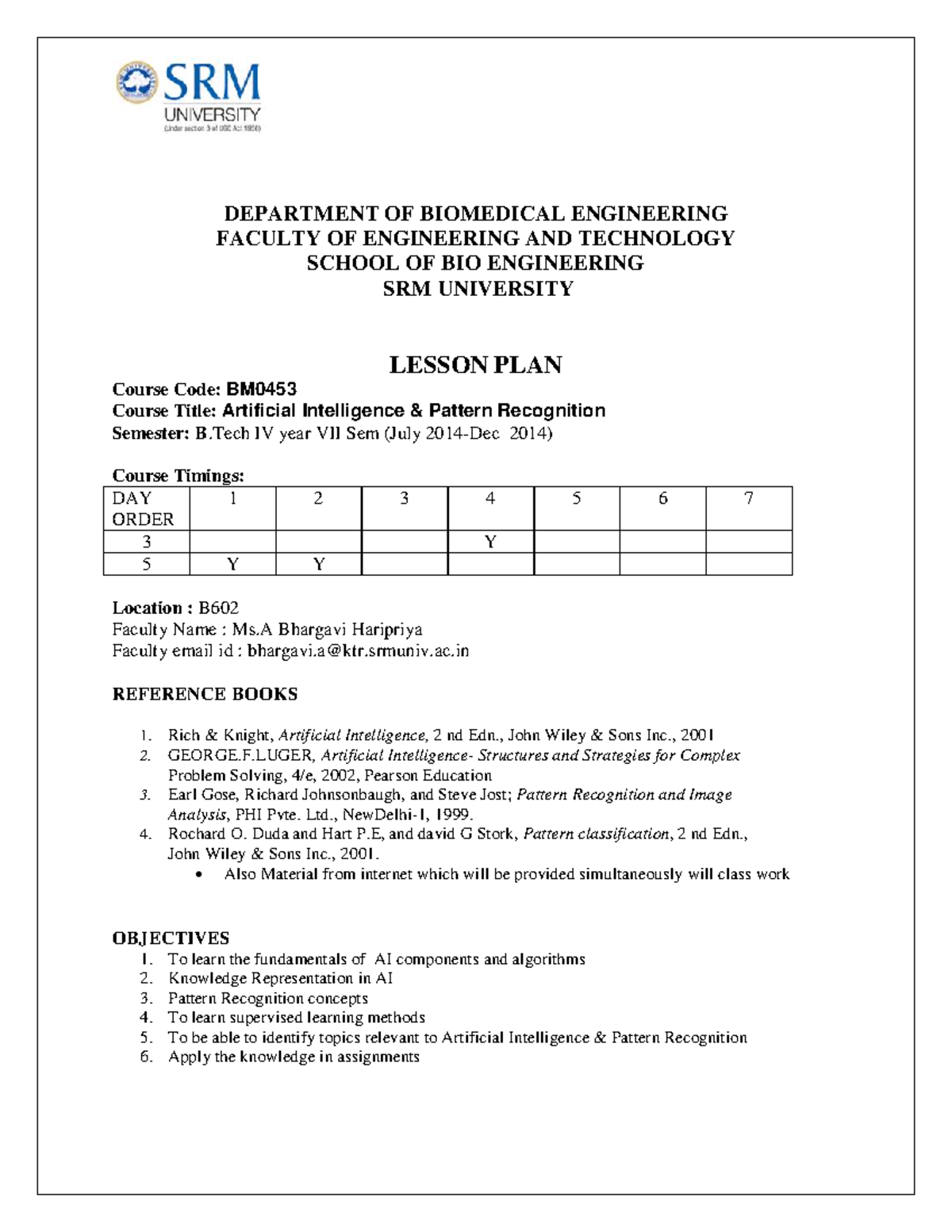 BM0453 Lesson Plan: Artificial Intelligence & Pattern Recognition - Studocu