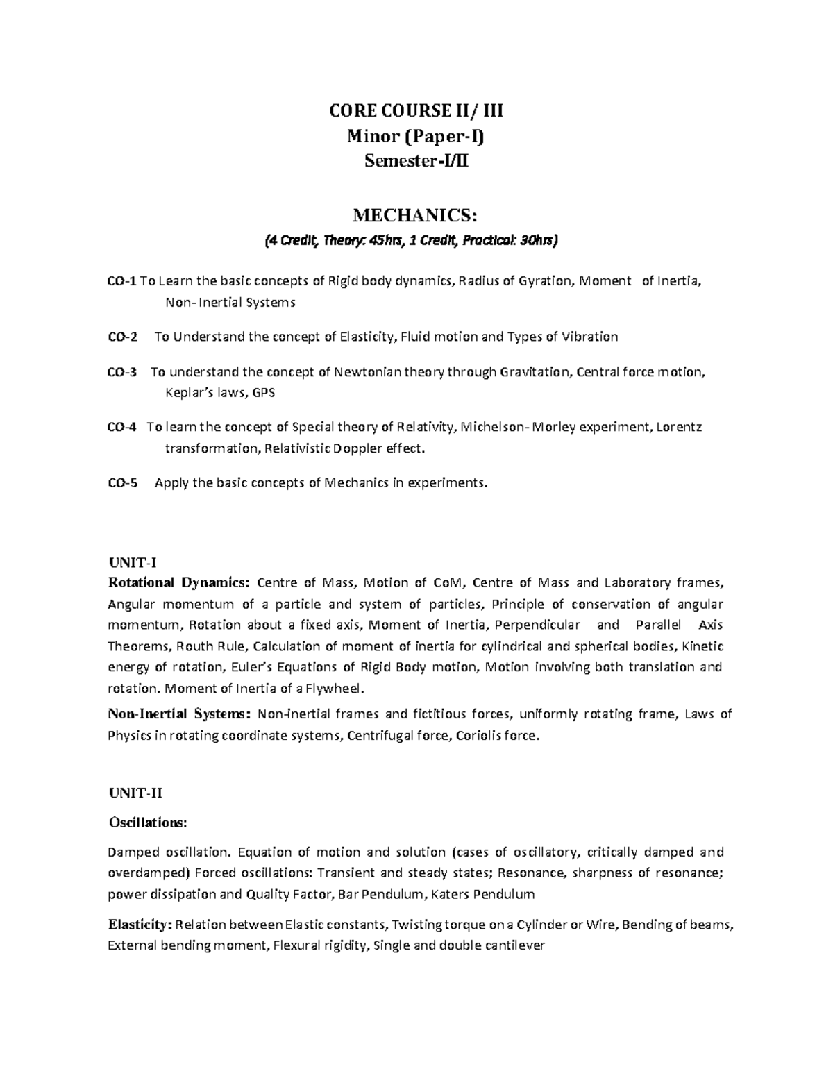 Minor Paper (Core-II & II) Physics: Mechanics, Electricity, Waves ...