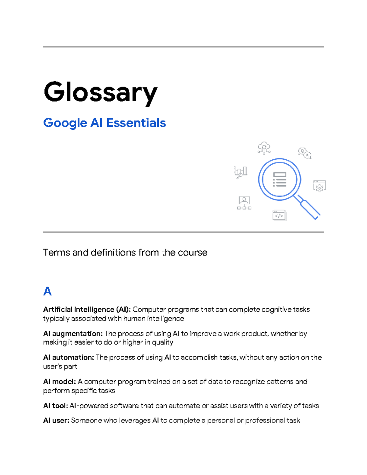 Google AI Essentials Glossary: Key Terms & Definitions - Studocu