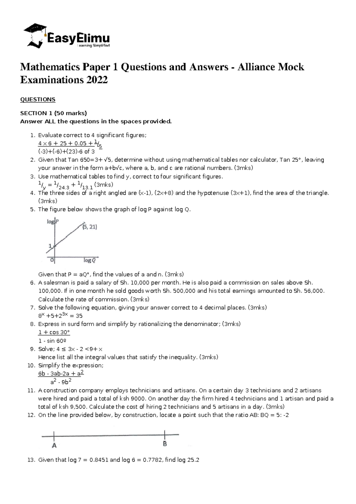 Hs Mathematics Paper 1 Questions and Answers - Alliance Mock ...