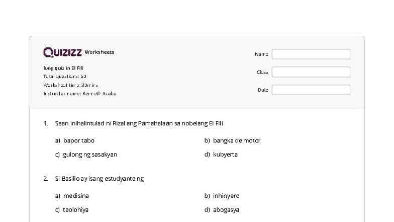 Long Quiz in El Fili (60 Questions) - Instructor: Kenneth Acabo - Studocu