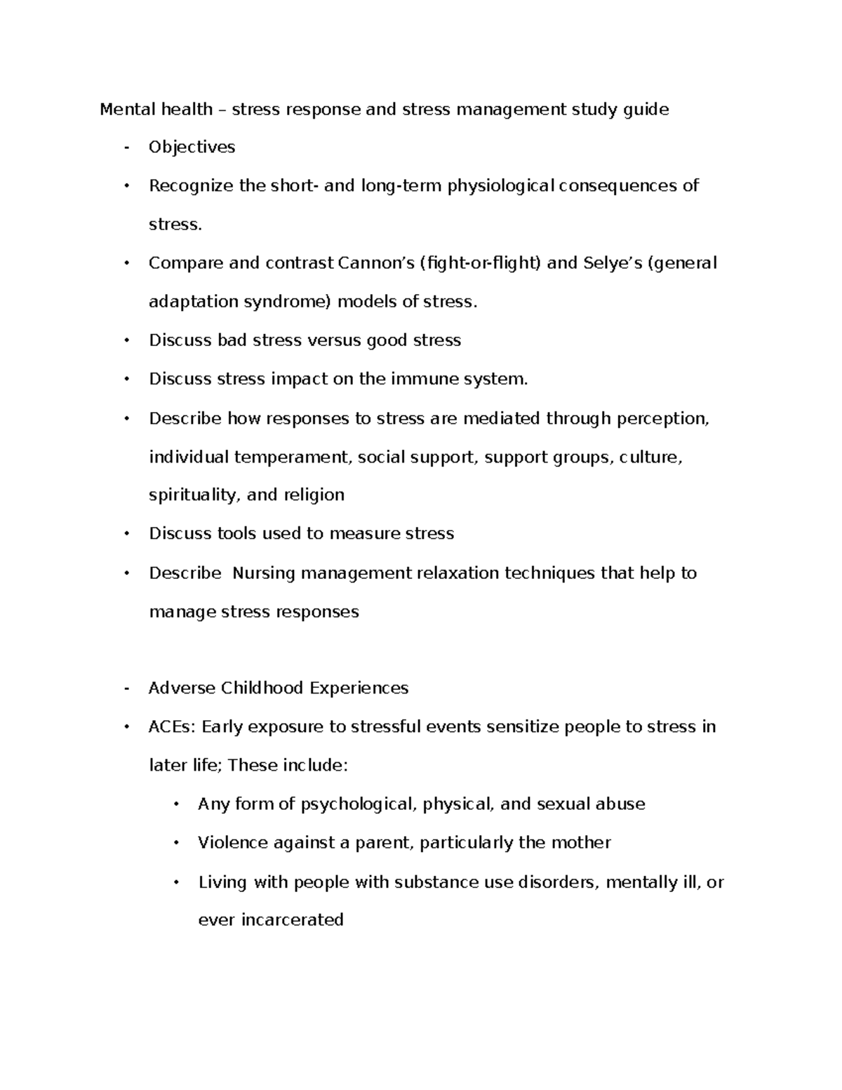 Mental Health (MH 101) Stress Response & Management Study Guide - Studocu