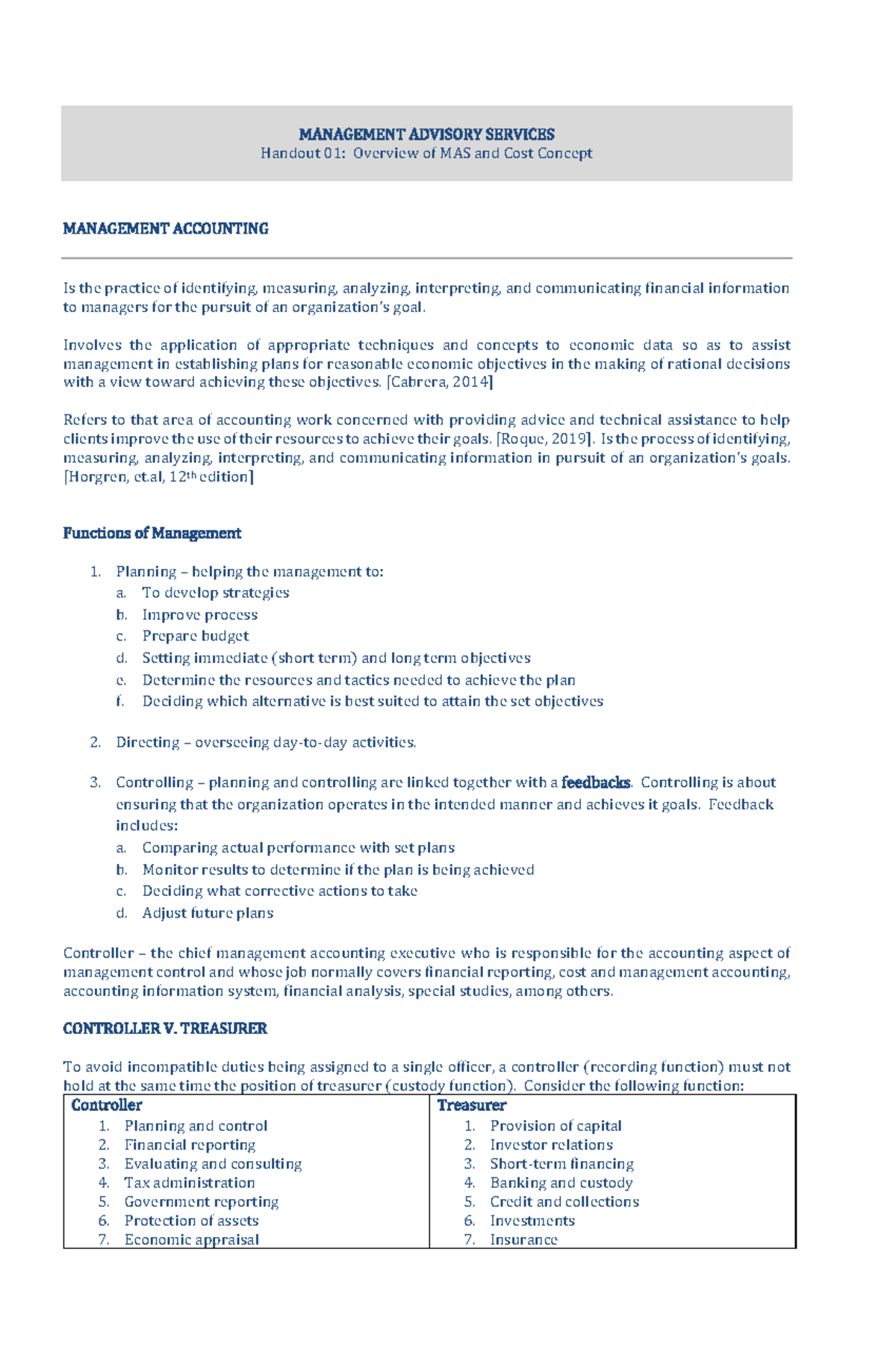 MAS 01 Overview and Cost Concept - MANAGEMENT ADVISORY SERVICES Handout ...