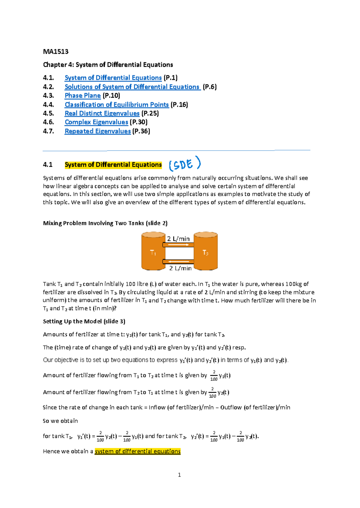 MA1513 Chapter 4: Overview of Systems of Differential Equations - Studocu
