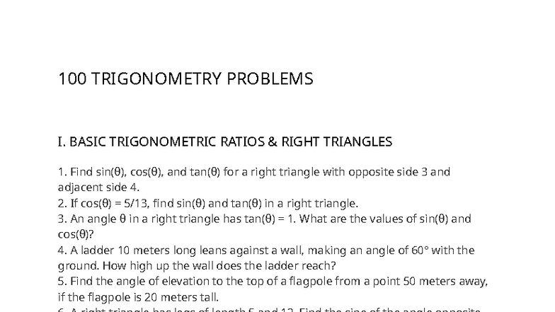 Trigonometry Problem Set: 100 Problems on Ratios & Right Triangles - Studocu