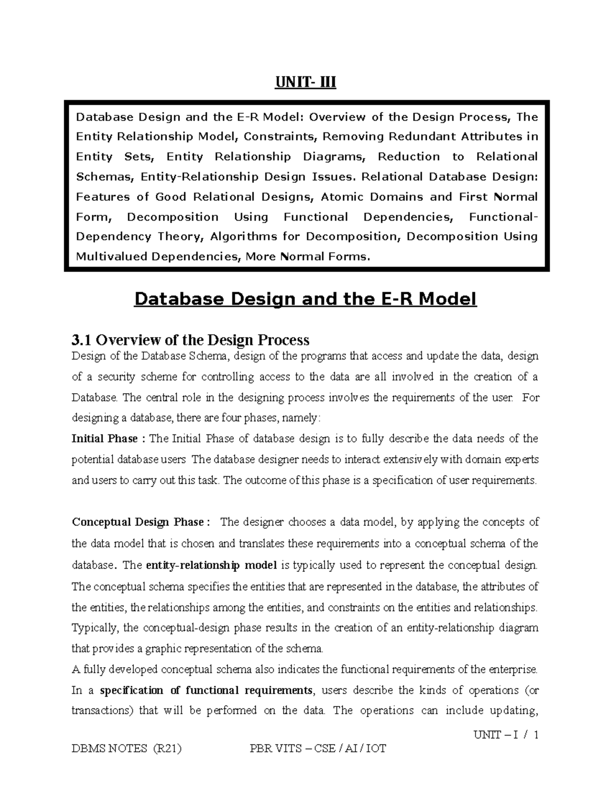 DBMS unit 3 notes - R21 - UNIT- III Database Design and the E-R Model ...