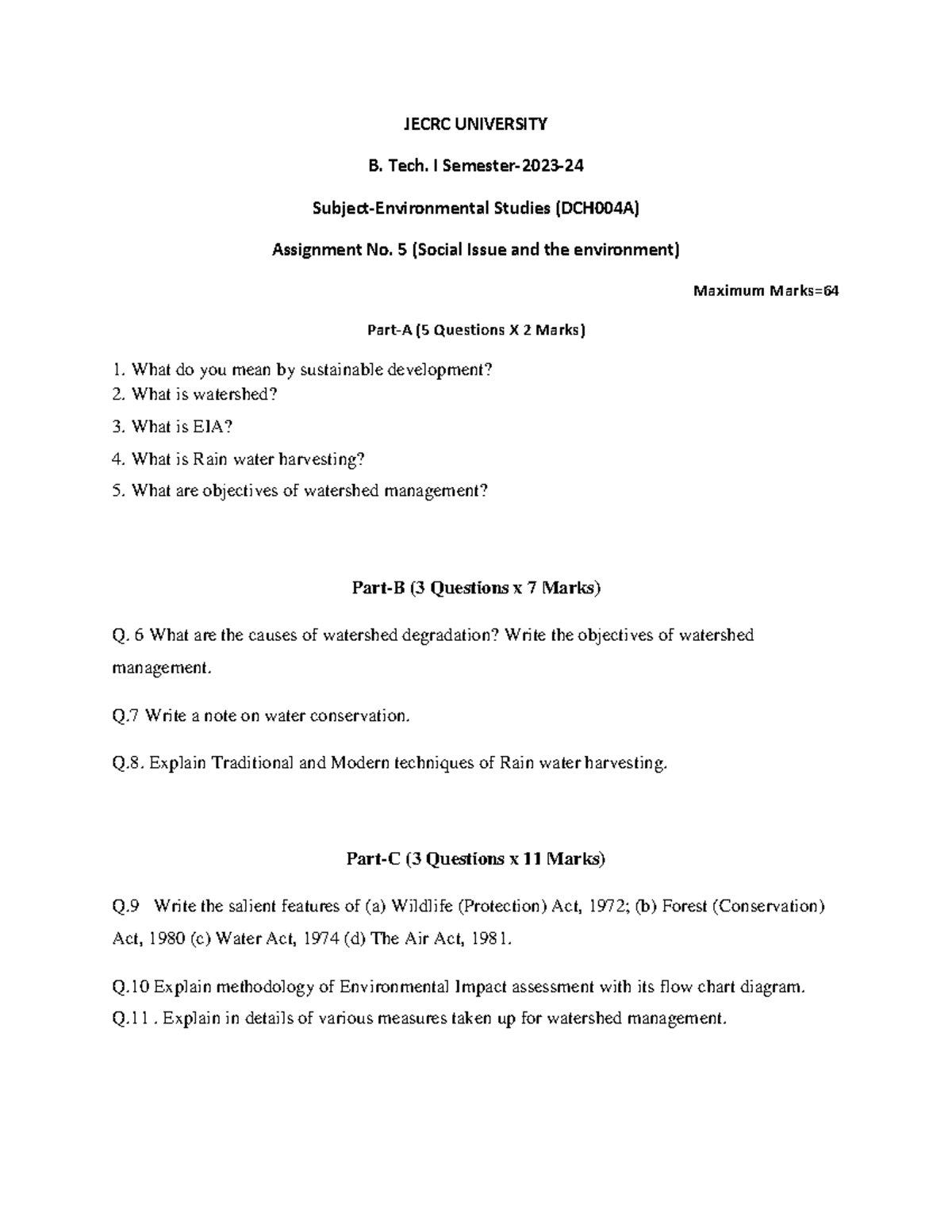 B. Tech. I Studies (DCH004A) Assignment 5: Social Issues & Environment ...