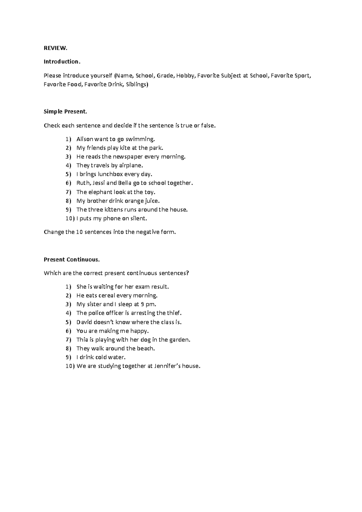 REVIEW: Intro to Simple Present & Present Continuous - Studocu