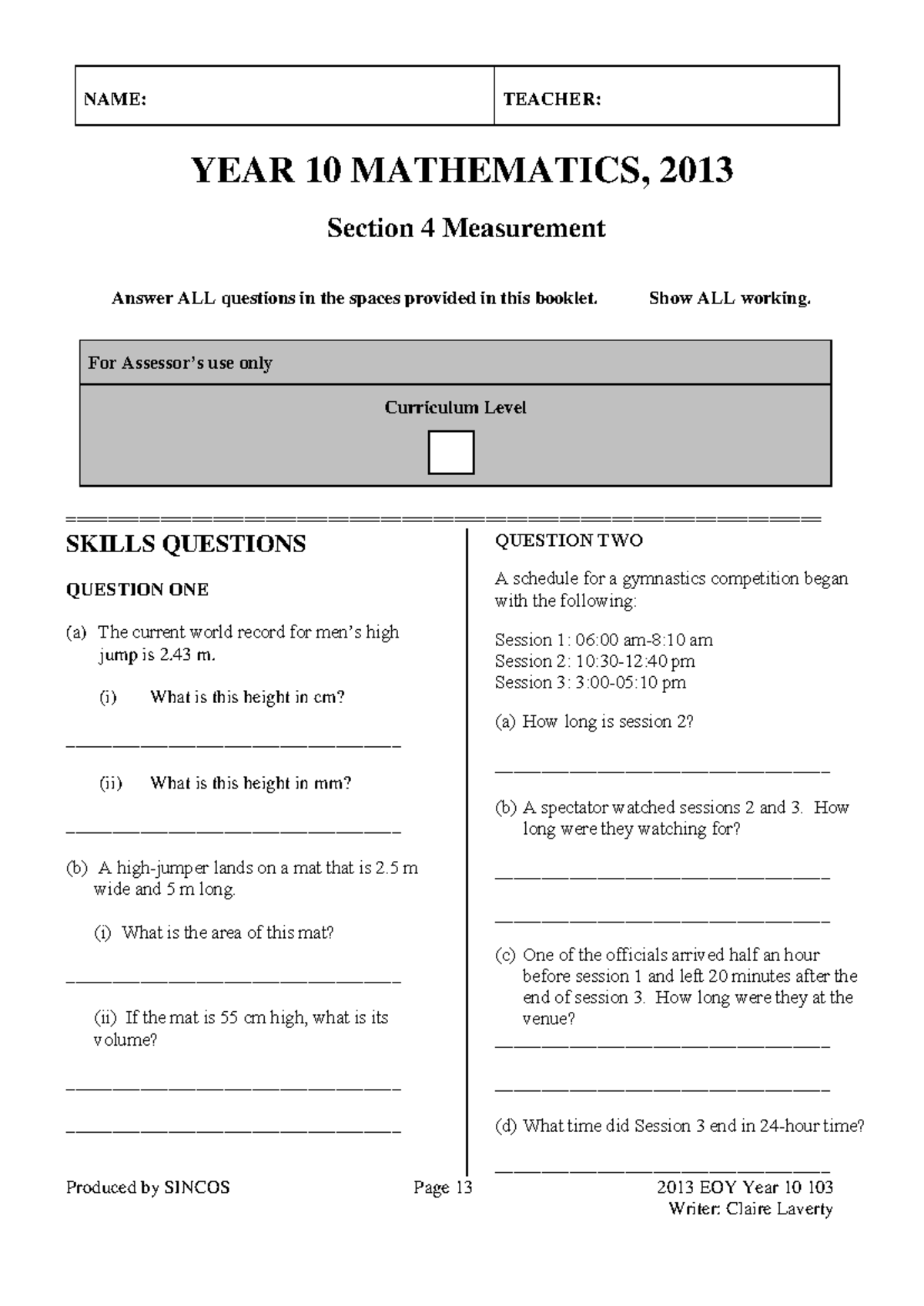Year 10 Mathematics Measurement Sample - 2013 EOY Exam Questions - Studocu