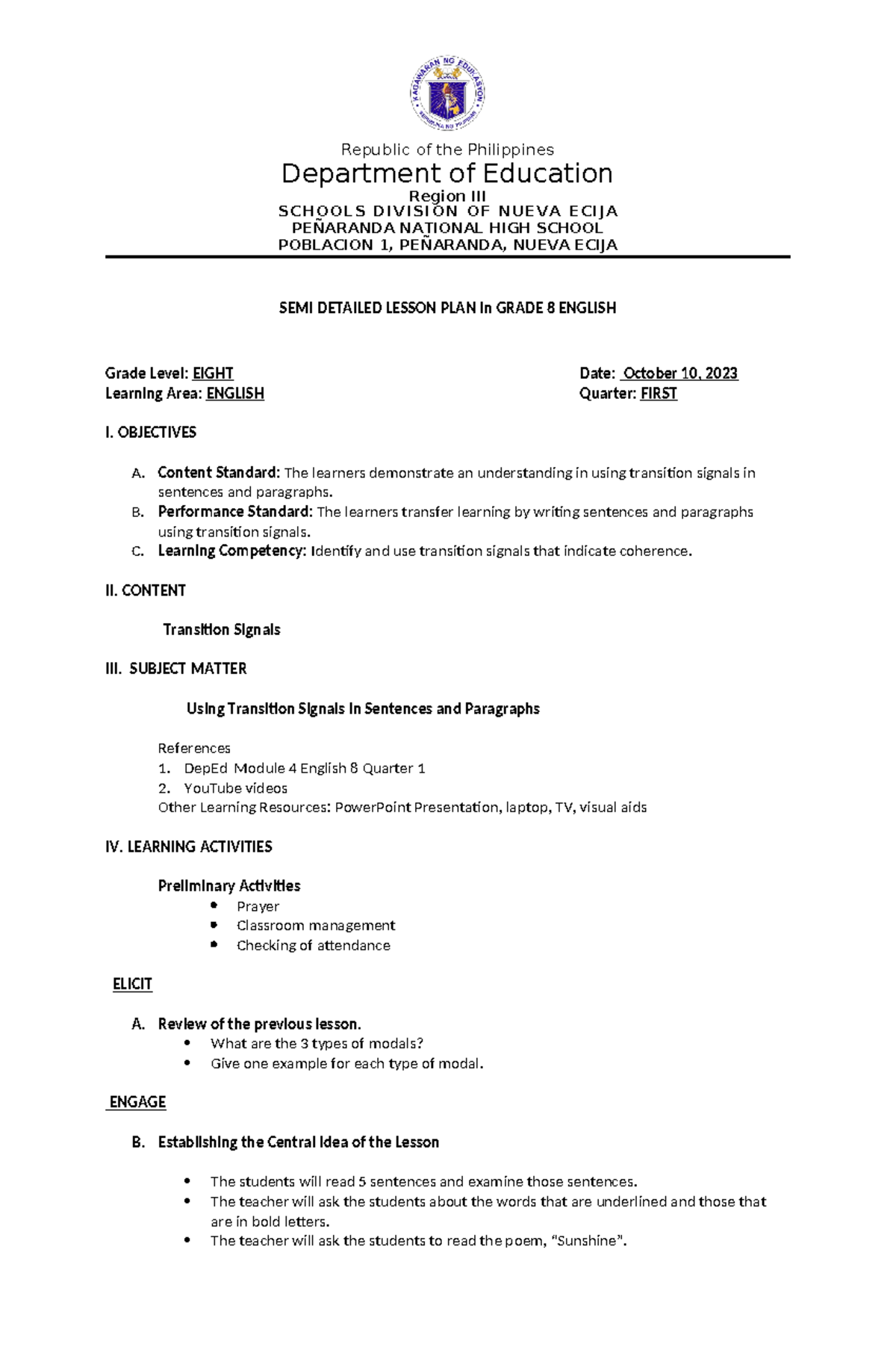 Semi Detailed Lesson Plan about Transition Signals Quarter 1 Module 4 ...