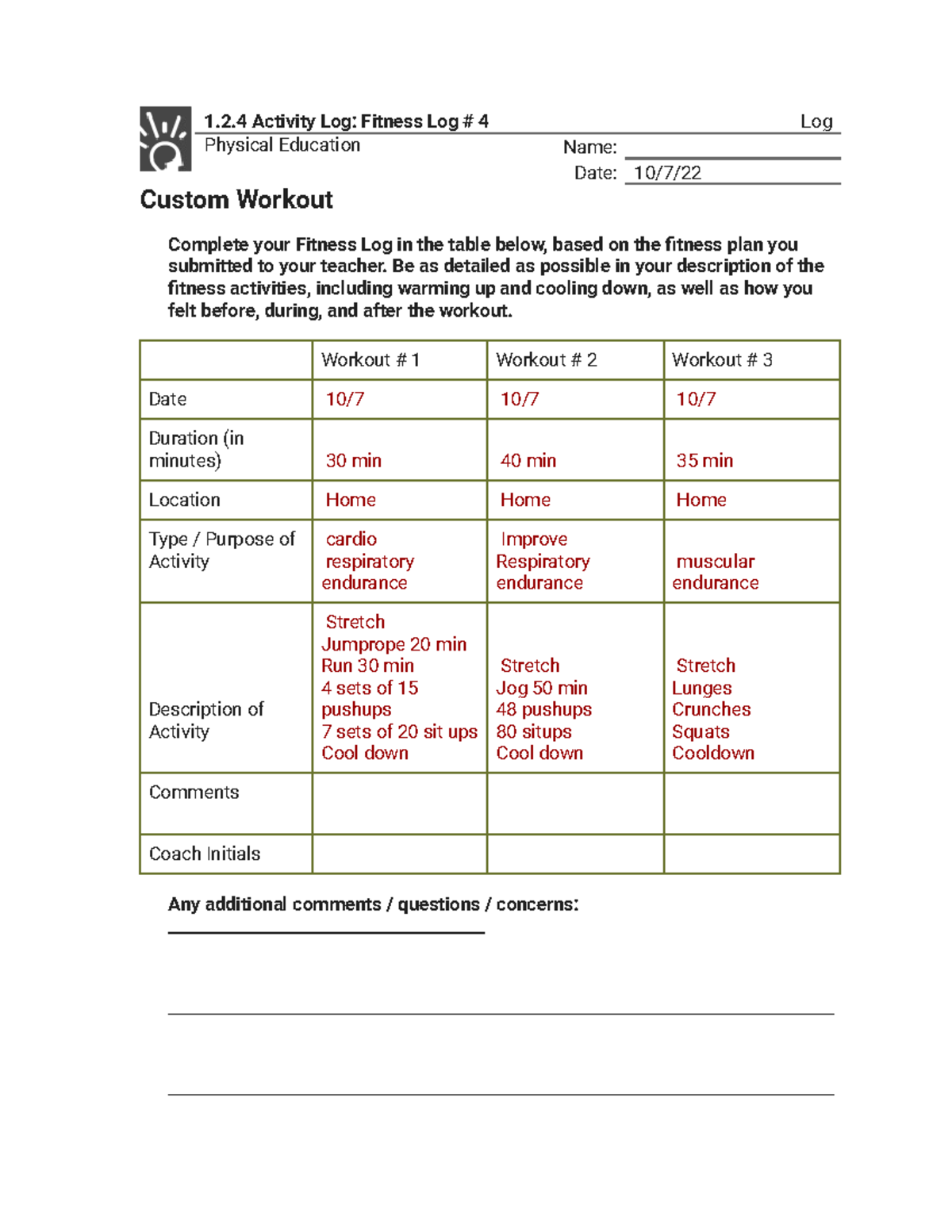 1.2.4 Activity Log - Fitness Log # 4 (Log) - 1.2 Activity Log: Fitness ...