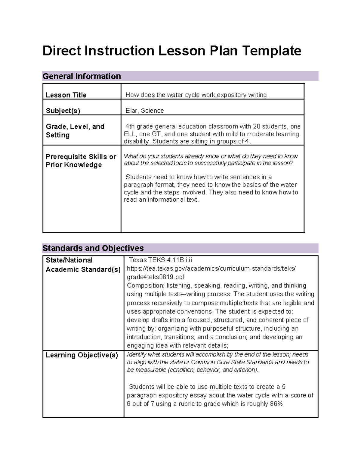 LSM3 TASK 1 Language ARTS Instruction Lesson PLAN - Direct Instruction Lesson Plan Template ...