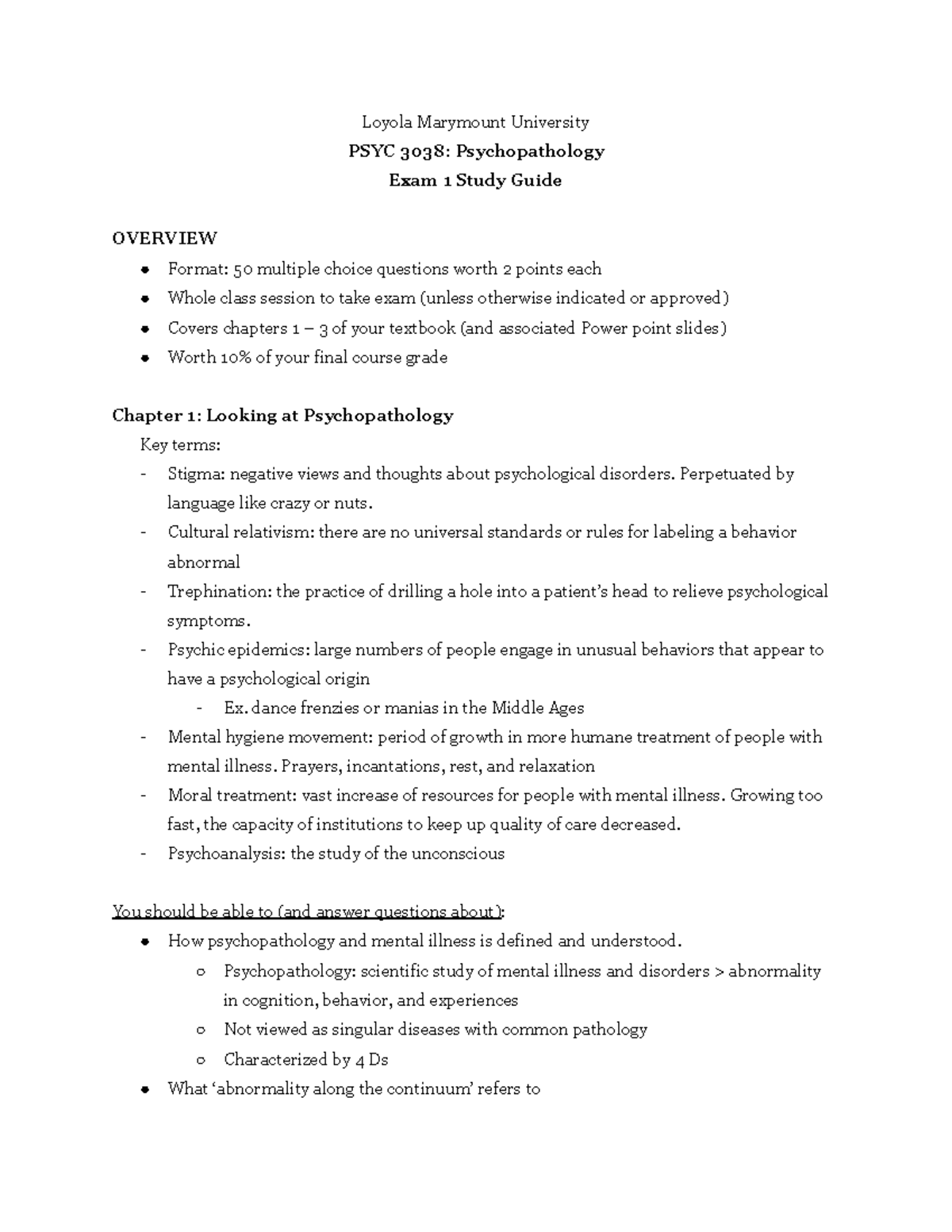 PSYC 3038: Psychopathology Exam 1 Study Guide & Key Concepts - Studocu