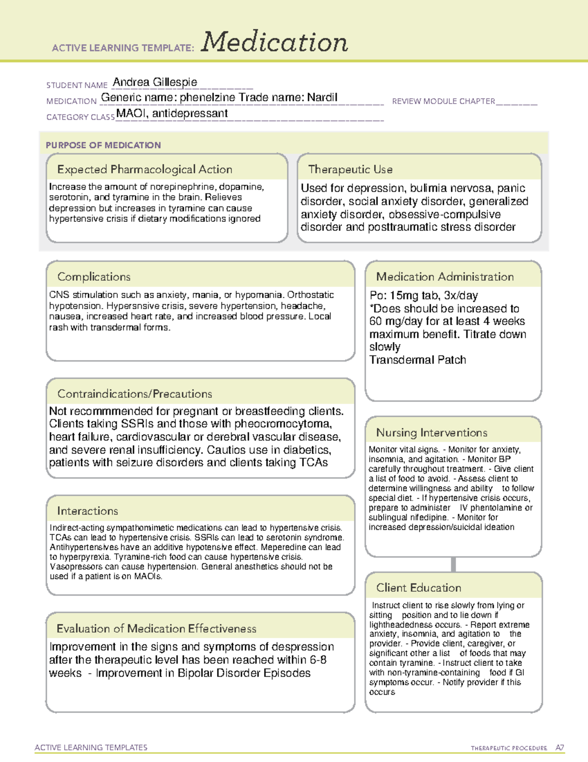 ATI Medications: Active Learning Template for Phenelzine - Studocu