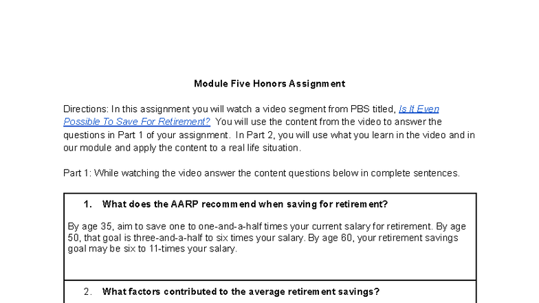 Module 5 Honors Assignment: Retirement Planning Insights - Studocu