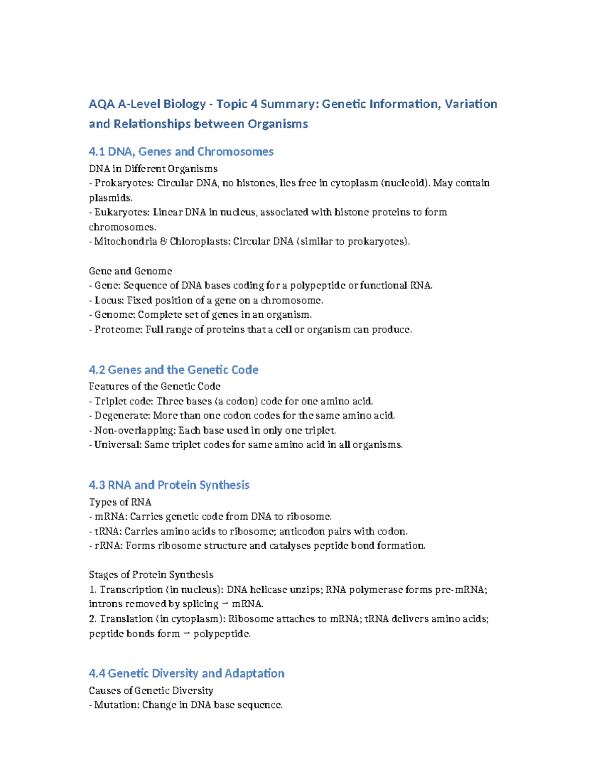 AQA Biology Topic 4: Genetic Info, Variation & Relationships Summary ...