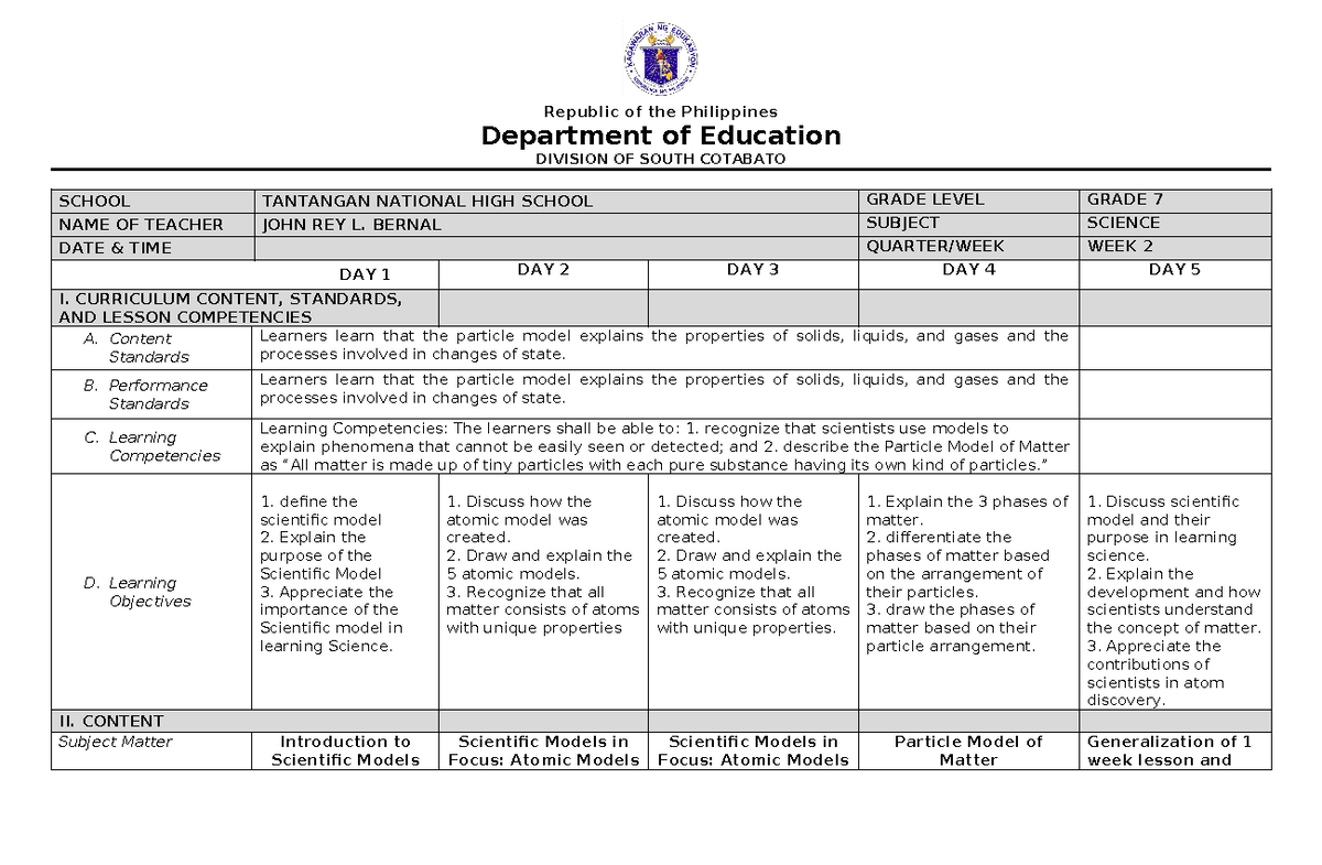 MATATAG DLL SCIENCE 7 Q1-WEEK 2 GUIDE ON ATOMIC MODELS - Studocu