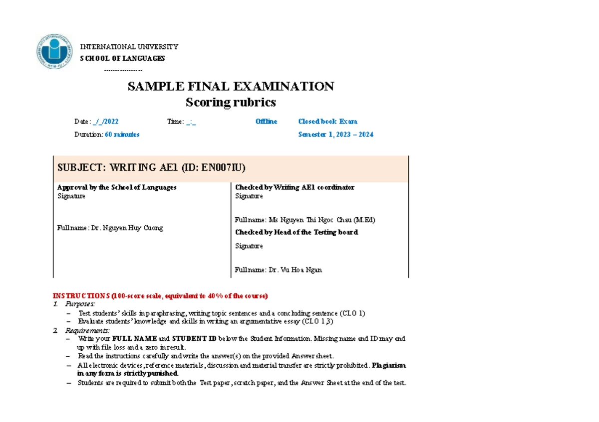 Writing AE1 Midterm Exam (EN007IU) - Semester 1, 2023-2024 - Studocu