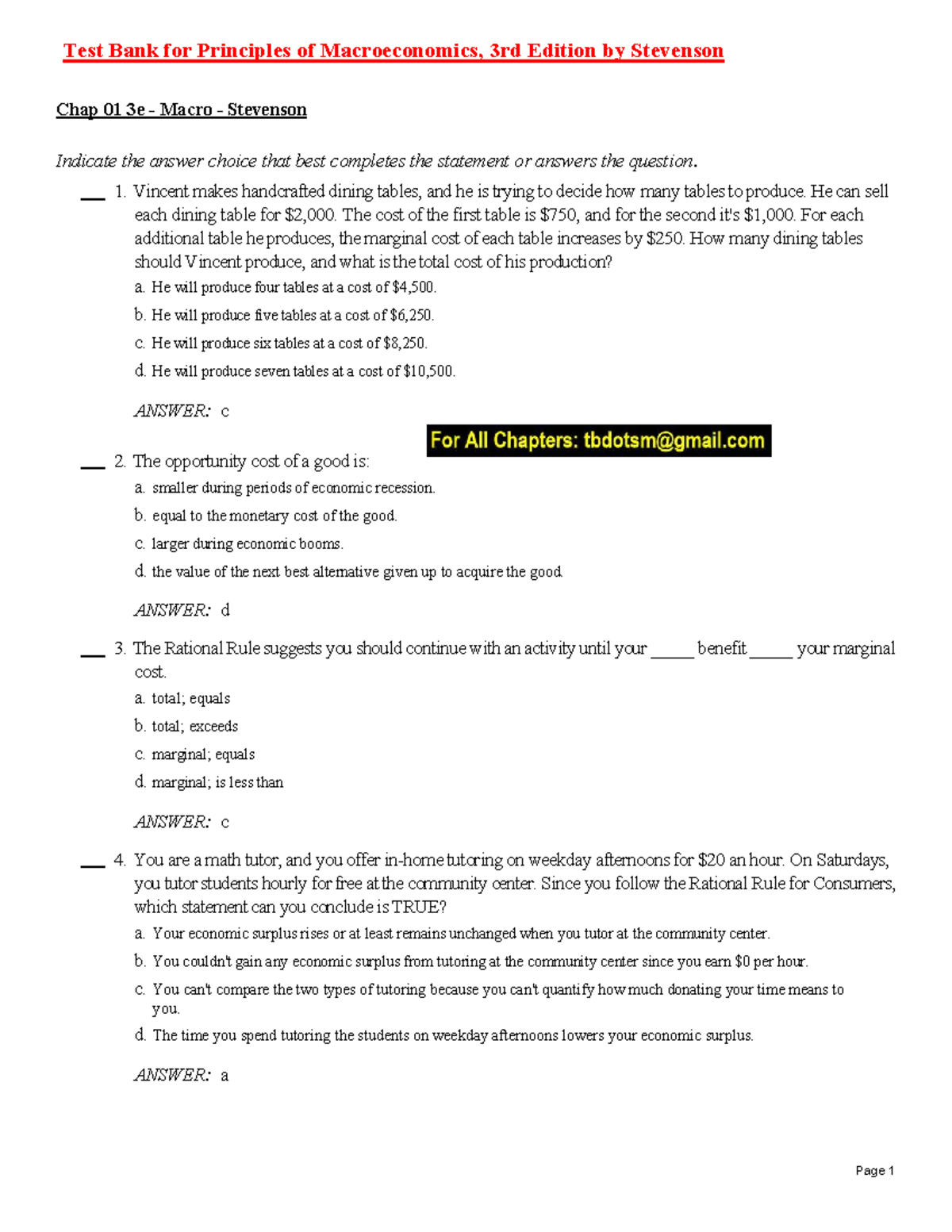 Test Bank for Principles of Macroeconomics (3e) - Chapter 01 Questions ...