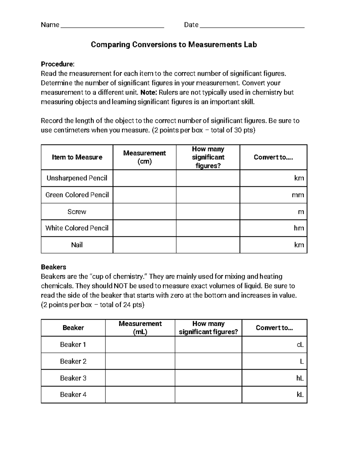 Comparing Conversions and Measurements Lab (CHEM 101) - Studocu