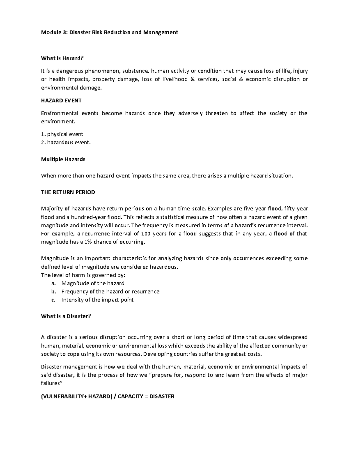 Module 3 - CWTS: Understanding Disaster Risk and Management - Studocu