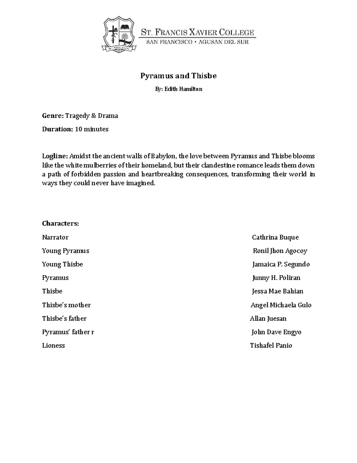 Final Script: Pyramus and Thisbe (Drama) - A Tragic Love Story - Studocu