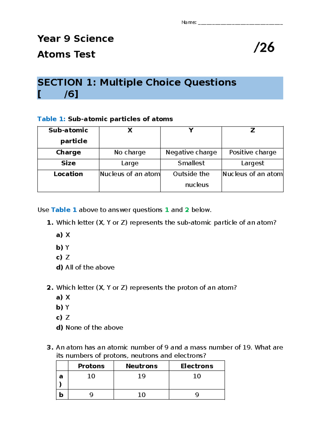 Year 9 Science Atoms Test: Multiple Choice & Short Answer Questions ...