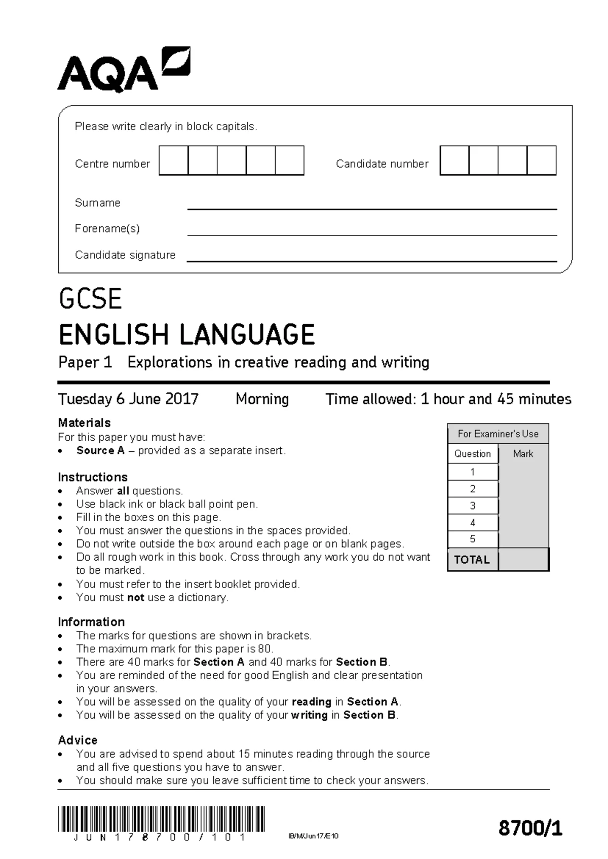 June 2017 MS - Paper 1 AQA English Language GCSE - GCSE English Language 8700/1 Paper 1 ...