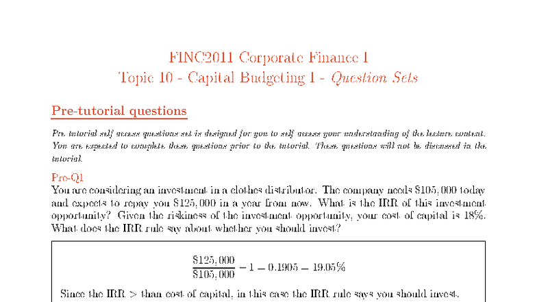 FINC2011 Tutorial Topic 10: Capital Budgeting I Question Sets - Studocu