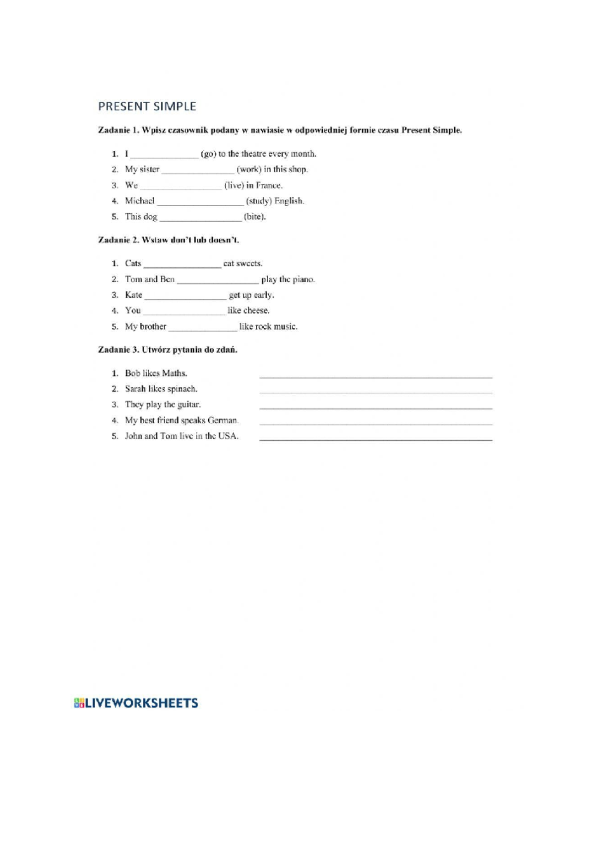 Pr. Simple KL - Ćwiczenia do Sprawdzianu z Czasu Present Simple - Studocu