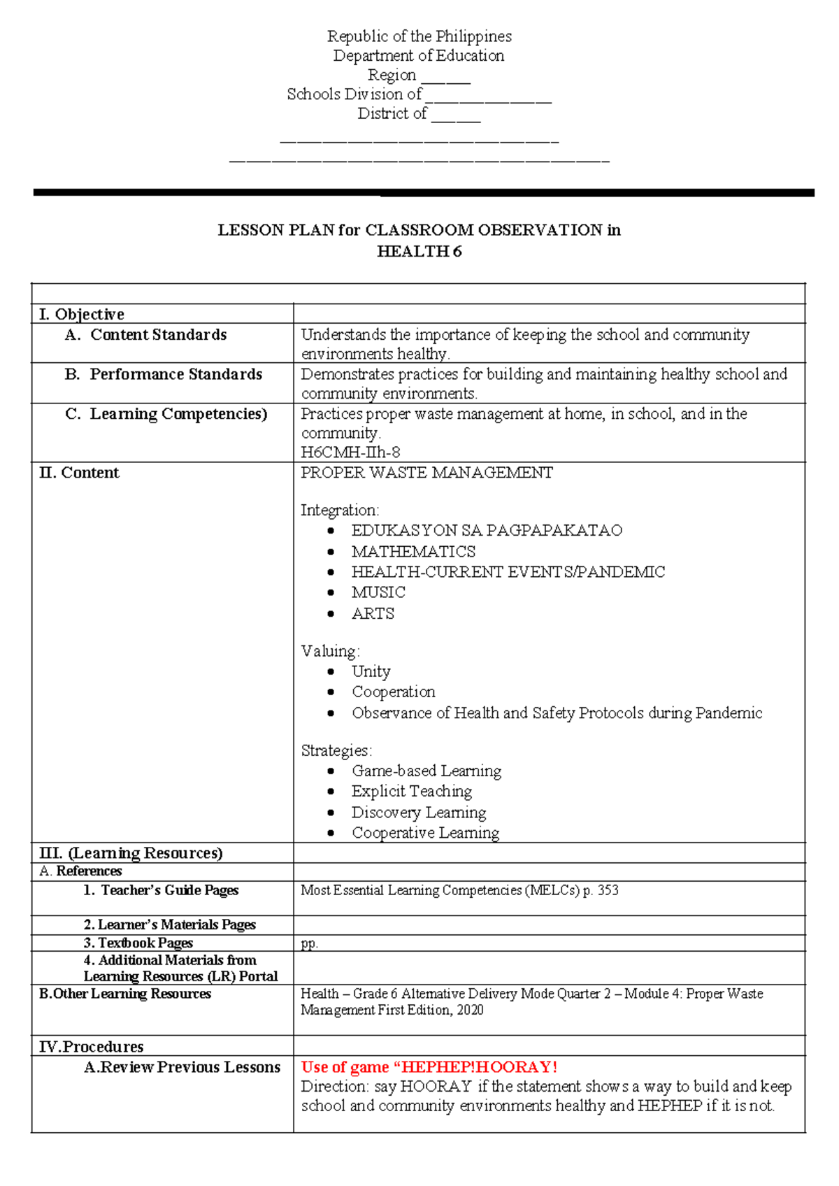 HEALTH 6 Lesson Plan: Proper Waste Management Strategies - Studocu