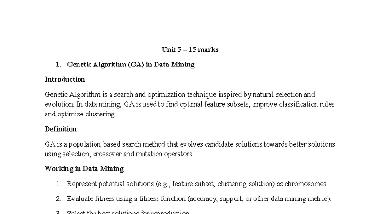 Data Mining Unit 5: Genetic Algorithms, Neural Networks, and Fuzzy ...