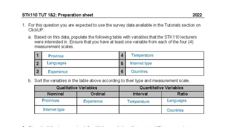 STK110 TUT Preparation Sheet: Survey Data Analysis 2022 - Studocu