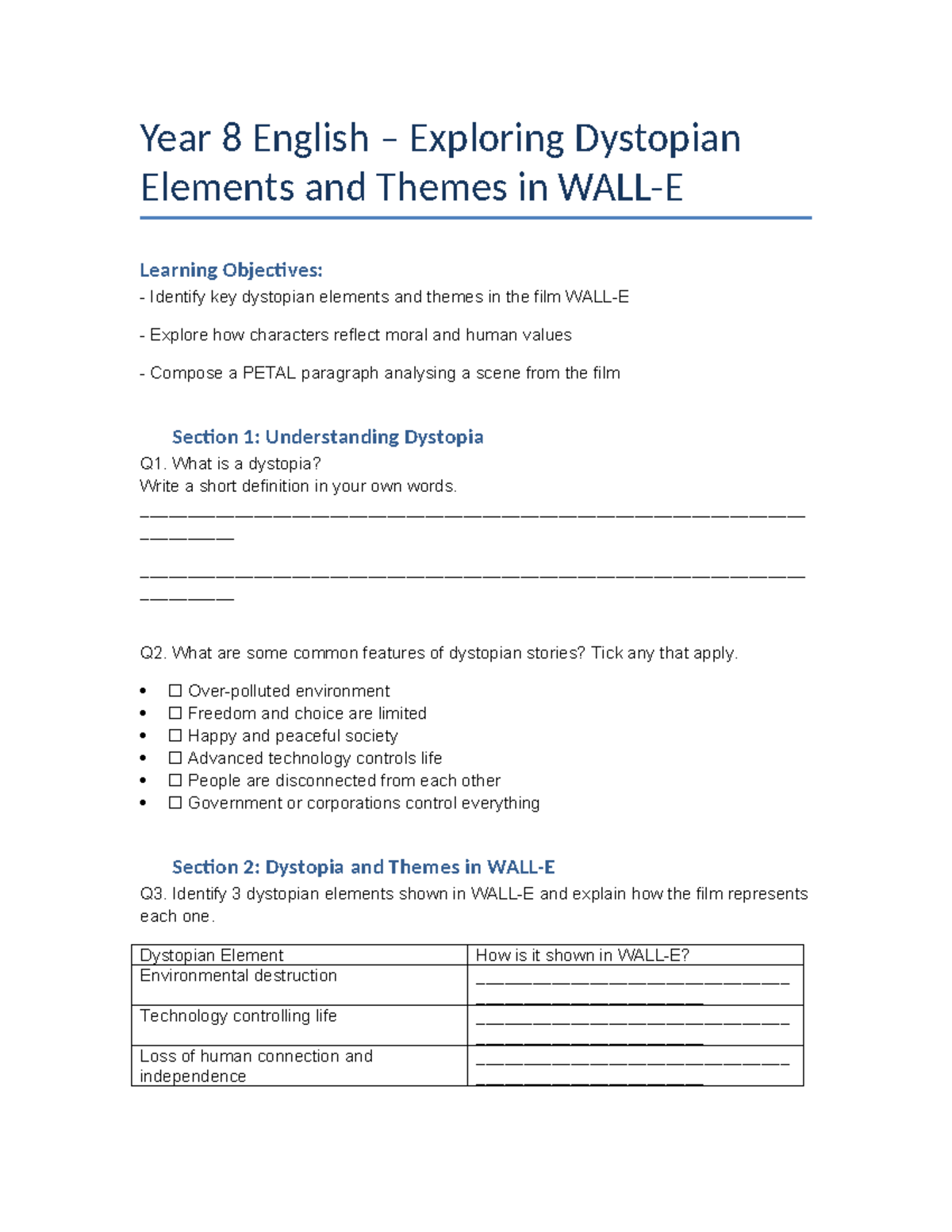 Year 8 English: WALL-E Dystopian Themes Analysis Worksheet - Studocu