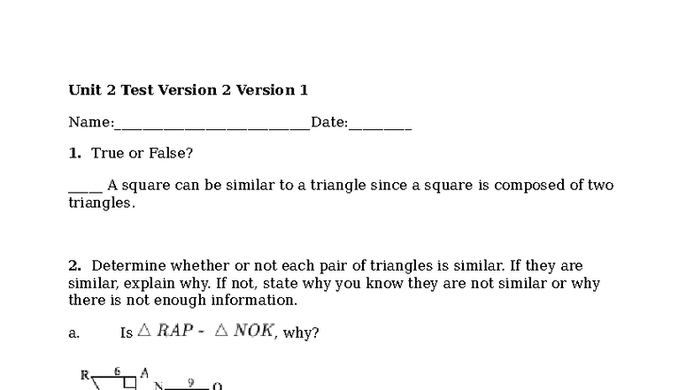 Unit 2 Test V2: Triangle Similarity Concepts and Proofs - Studocu