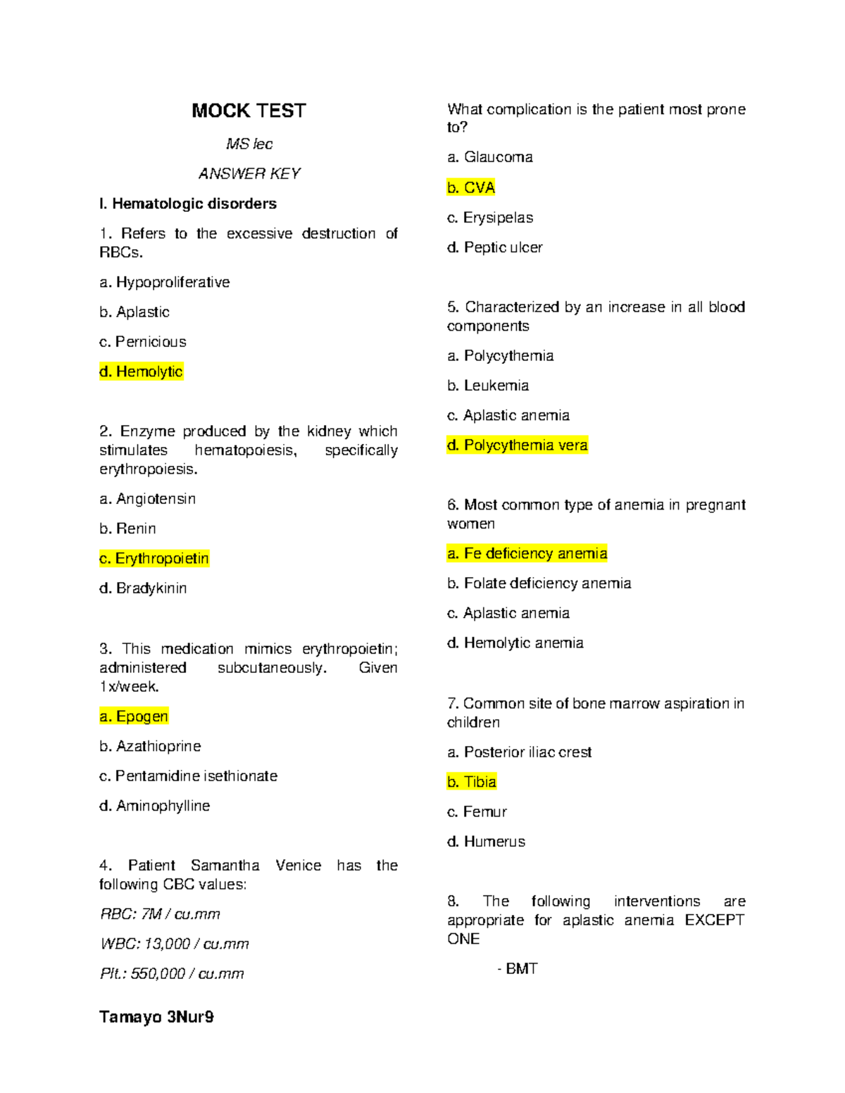 MOCK TEST for Medical Surgical Nursing (MS Lec) - Hematologic ...